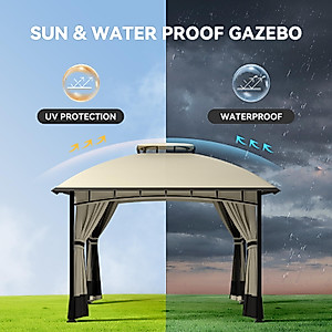 FUNG YARD 10x12 Outdoor Gazebo, Double Roof Patio Gazebo with Mosquito Netting & Curtains, Sturdy Steel Frame, Sun & Waterproof, Perfect for Backyard, Garden, Party, (Khaki)