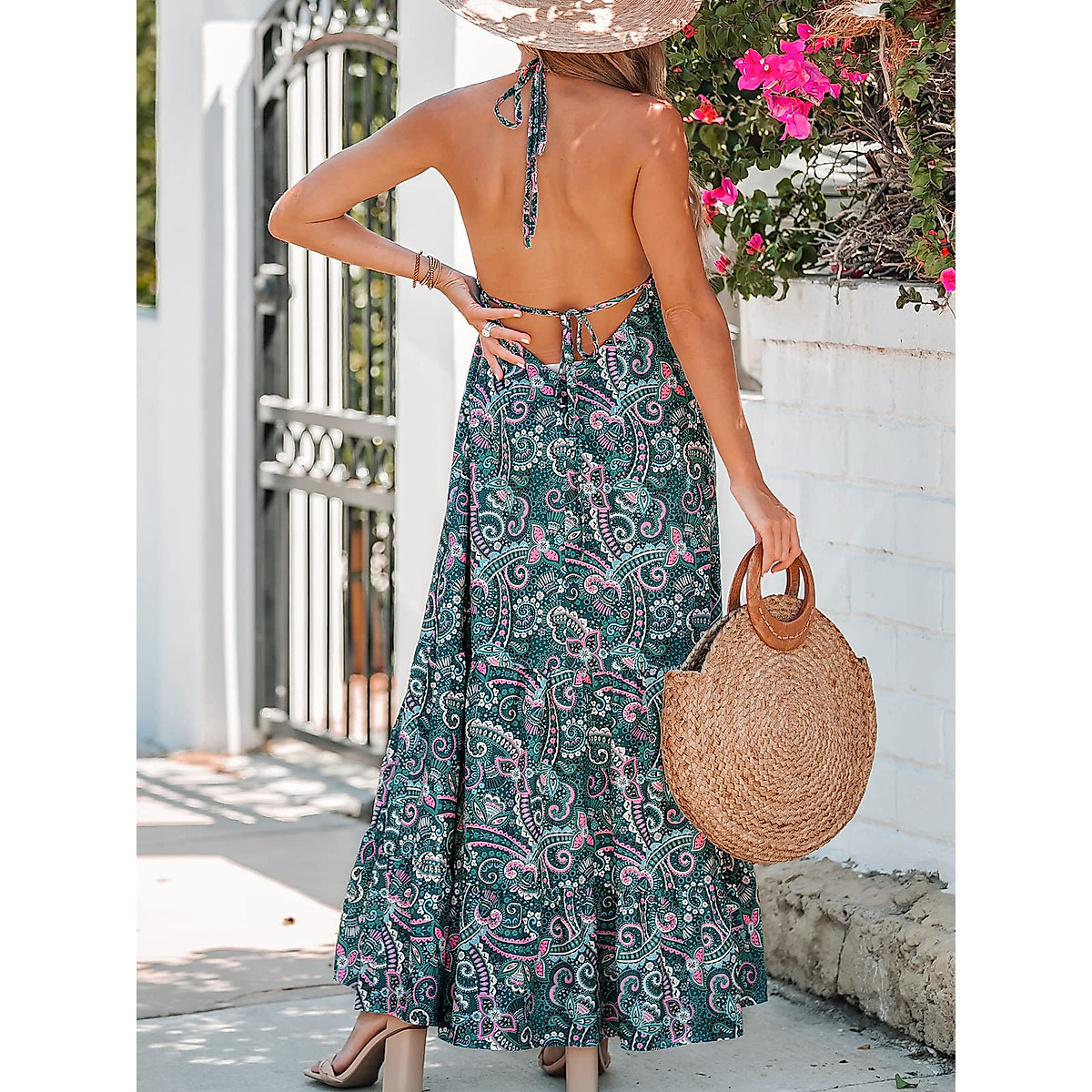 CUPSHE Women's Floral Paisley Print Halter Dress Mixi Dress Sleeveless Summer Dress