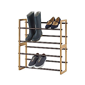 TRINITY BASICS 2-Tier Expandable Shoe Organizer with Bamboo Frame, Stackable Shoe Rack for Closet, Stores up to 16 Pairs of Shoes, Dark Bronze Finish, Expands from 24” to 44”, 2-Pack