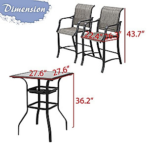 LOKATSE HOME Patio Bar Set 3 Piece Counter Height Stools Glass Top Tempered Tesilin Conversation Dining Furniture, Grey