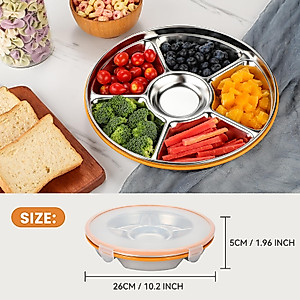 YENXIKU Divided Serving Tray with Lid, Stainless Steel Veggie Tray with Plastic Lid, Reusable Vegetable Platter, Snack Tray, Snackle Box for Party, Easy to Clean (6 Compartments, 60oz)