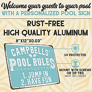 Personalized Pool Sign w/Name - Indoor/Outdoor Metal Sign for Garden, Patio, Hot Tub, Pool Deck | 7 Unique Designs | Customized Gifts for Swimming Pool Owners, Funny Backyard Decorations