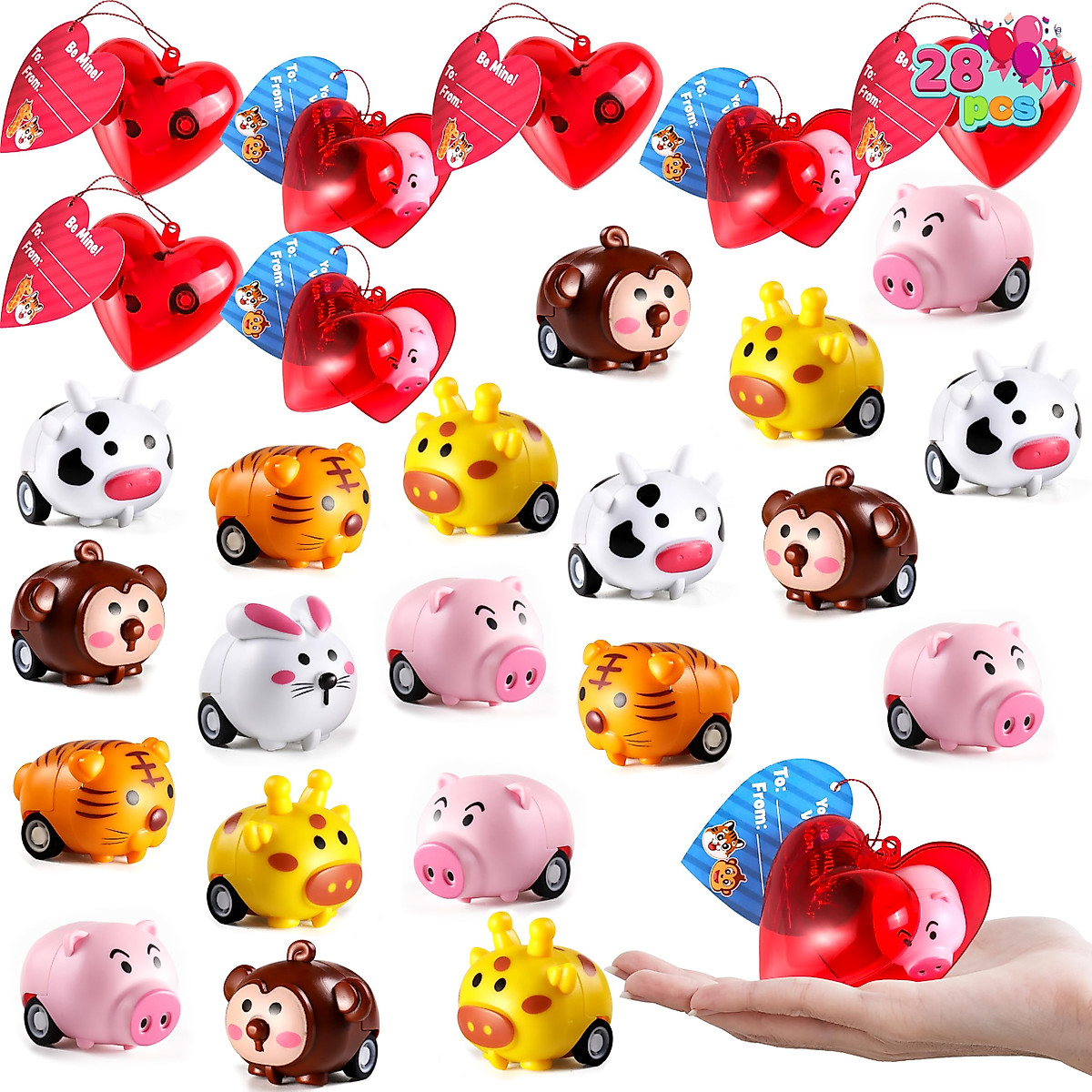 JOYIN 28 Pack Valentine Day Animals Pull Back Vehicles for Kids with Gift Cards and Filled Hearts, Pull Back & Go Car Toy Sets for Toddlers Kids Valentine School Classroom Exchange, Game Prizes