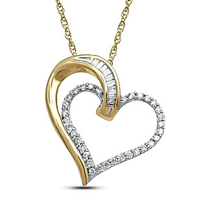 Jewelili 10K Yellow Gold 1/4 Cttw Natural White Baguette and Round Diamond Heart Pendant Necklace, 18" Rope Chain