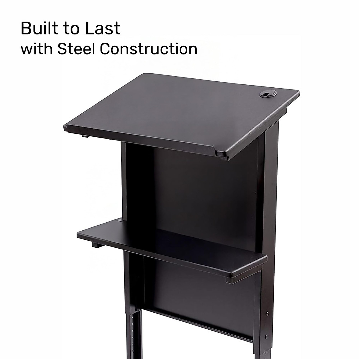 Stand Up Desk Store Mobile Adjustable Height Rolling Lectern Podium with Heavy Duty Steel Frame (Black Frame/Black Shelves, 25.5" Wide)