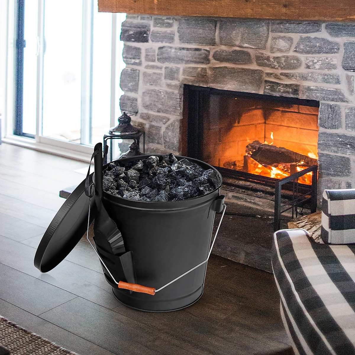 LEMY Ash Bucket with Lid and Shovel, 5 Gallon Ash Container for Fireplace, Fire Pits, Wood Burning Stoves