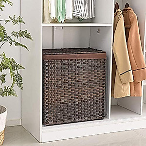 Divided Double Laundry Hamper with Lid, Synthetic Rattan Handwoven Clothes Hamper with Lid and Handles, Foldable, Removable Liner Bag, Brown