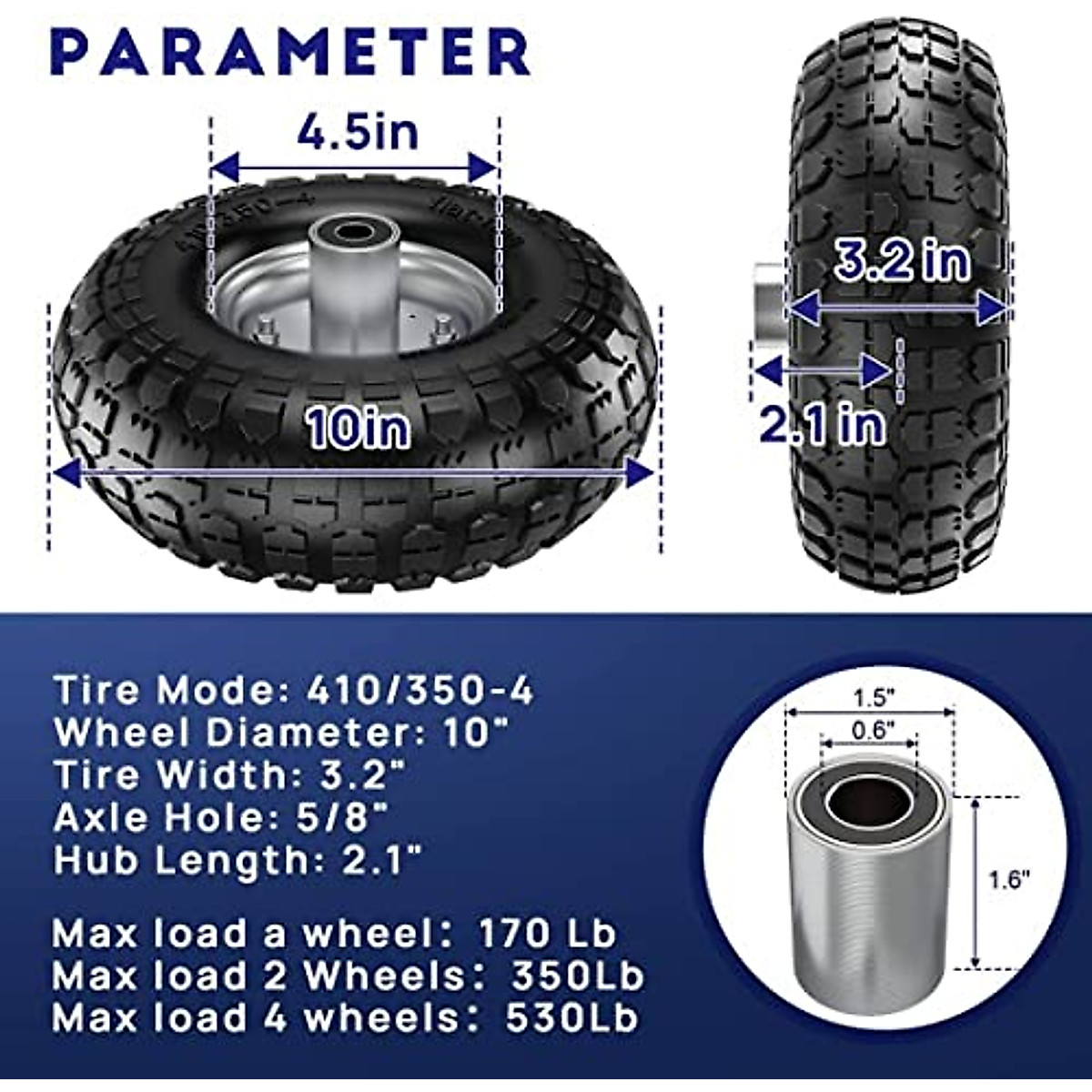 Winisok 4.10/3.50-4 Tire Wheels Flat Free, 10" Heavy Duty Solid Replacement Tire with 5/8’’ Bearings for Wagon/Wheelbarrow/Hand Truck/Generators (2 Pack)