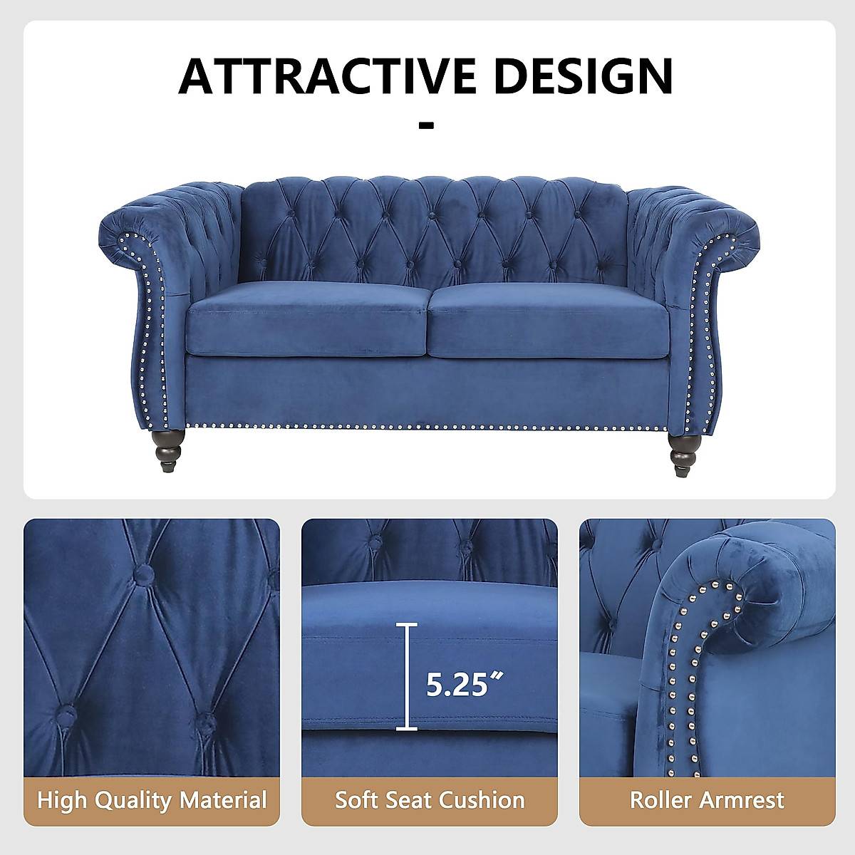 QHITTY 2 Piece Living Room Set, Sectional Chesterfield Sofa Chair Contemporary Upholstered Velvet Loveseat Couch Sets for Living Room, Bedroom, Office