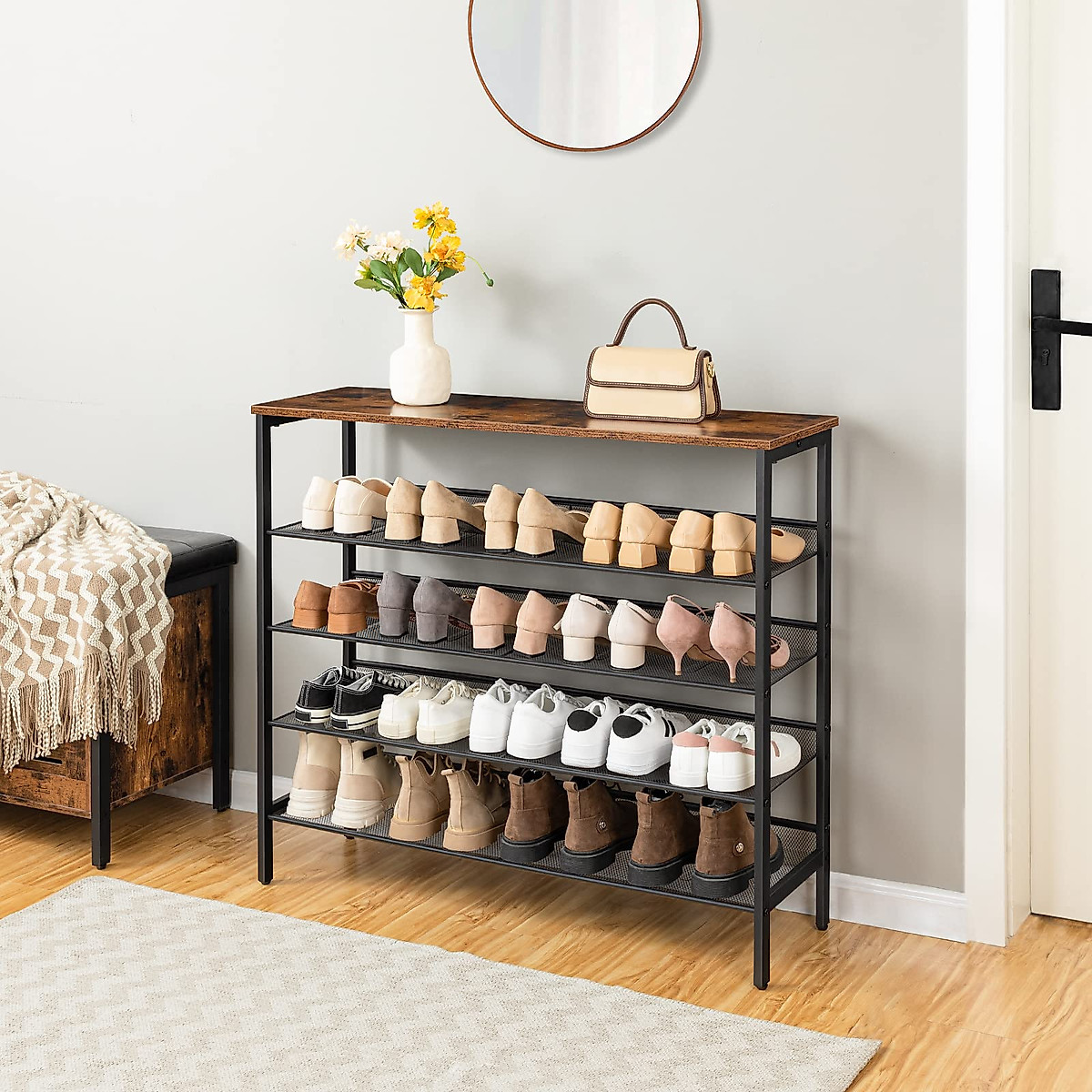 HOOBRO Shoe Rack, 5-Tier Shoe Storage Unit Flat & Slant Adjustable Shoe Organizer Shelf for 20 Pairs, Durable and Stable, for Entryway, Hallway, Closet, Dorm Room, Industrial, Rustic Brown BF101XJ01
