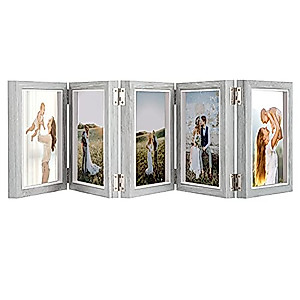 5 Folding 4" x 6" Hinged Picture Frame, Natural Wood Foldable Photo Frame with High Definition Acrylic Rustic Desk Family Picture Collage for Thanksgiving Christmas Valentine's Day Birthday(Gray Blue)