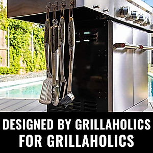 Grillaholics Premium BBQ Grill Tools - Luxury 4-Piece Barbecue Utensils Grill Set - Wooden Gift Box Includes Barbeque Tongs, Meat Fork, Grill Spatula & Basting Brush