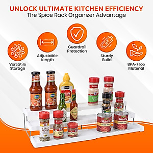 OMAIA Set of Two - 3 Tier Spice Rack Organizer - Expandable 3-Level Spice Organization for Cabinet, Pantry, Kitchen Countertop - Adjustable Length with Sturdy Metal Frame - White