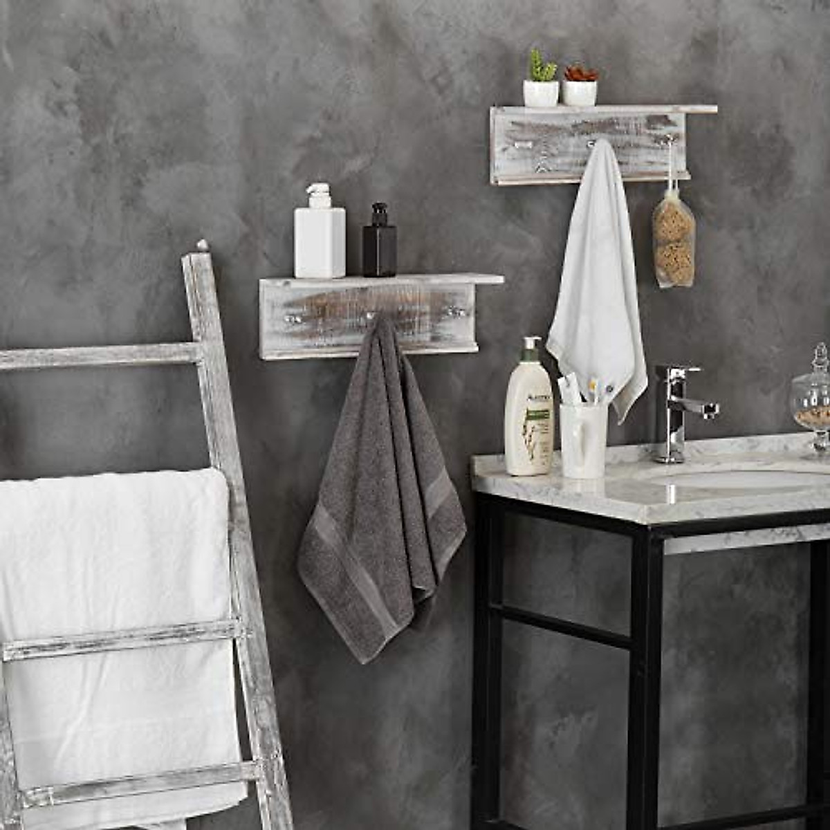 MyGift Rustic Whitewashed Wood 16-Inch Wall-Mounted Shelves with 3 Coat & Hat Pegs, Set of 2