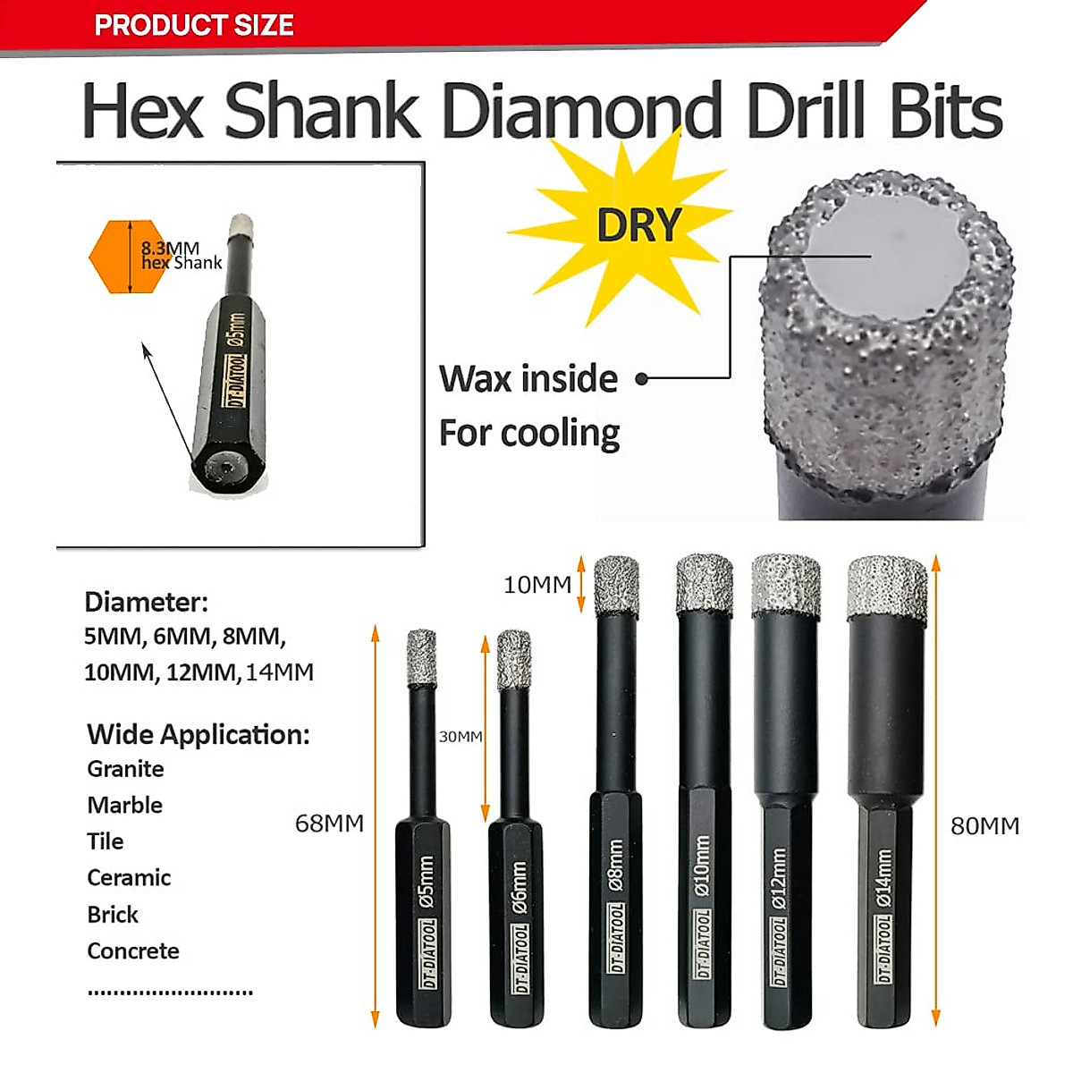 DT-DIATOOL Hex Shank Dry Diamond Drill Bits Kit for Porcelain Tile Ceramic Granite Marble Masonry Concrete Diameter 5 6 8 10 12mm (Kit No.2
