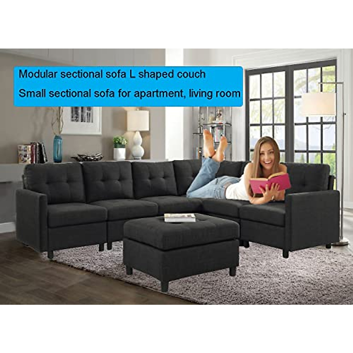 Moxeay Convertible Sectional Sofa with Ottoman Modular Sectional Sofa L Shaped Couch 6 Seater Sectional Couches for Living Room Apartment, Dark Grey
