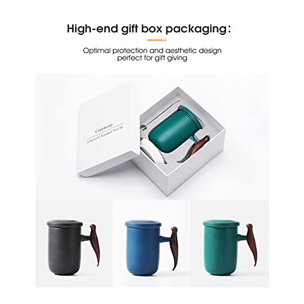 CEREMONY Ceramic Tea Mug,Tea Infuser Mug with Wood Handle,Tea Cup with Infuser and Lid for Loose Leaf Tea 13.5oz Green