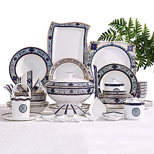 Porcelain Plate and Bowl Set, Ceramics Dinnerware Set with 55 Pieces,Bowl/Dish/Soup Pot/Spoon|Dinner Sets,Blues Garden Pattern Porcelain Combination Set