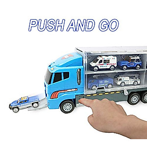 Smart Novelty Die Cast Emergency Trucks Vehicles Toy Cars Play Set in Carrier Truck - 7 in 1 Transport Truck Emergency Car Set for Kids Gifts (Police Vehicle Set)