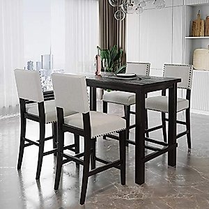 P PURLOVE 5 Piece Dining Set Kitchen Table Set Counter Height Table Set with One Rectangle Table and 4 Cushioned Chairs for 4 Persons Dining Room Table Set for Small Place(Table and 4 Chairs)