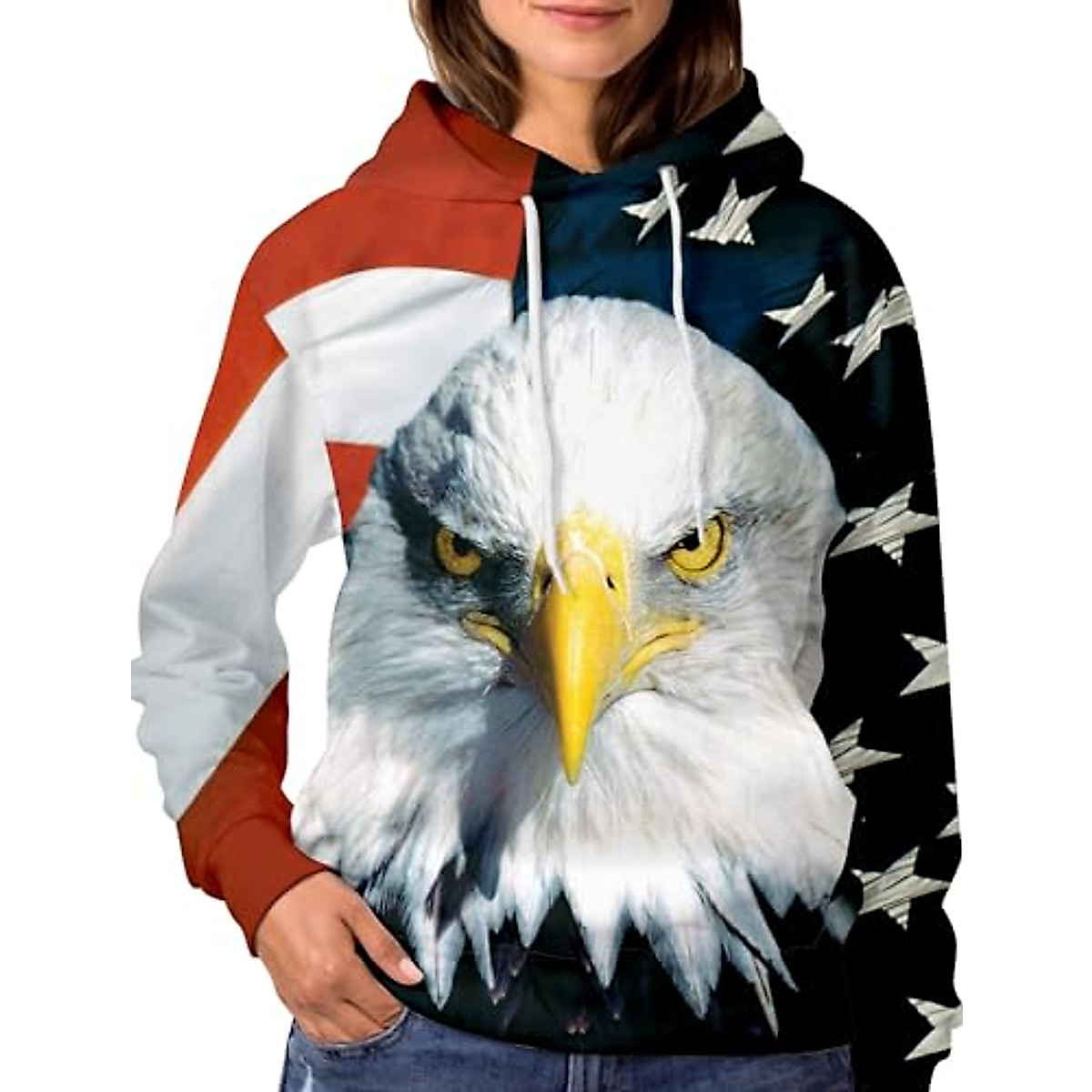 RAISEVERN Men and Women Novelty Fleece Hoodies Flag Printed 80s Pullover Athletic Sweaters Long Sleeve Fleece Hooded Sweatshirts Red White