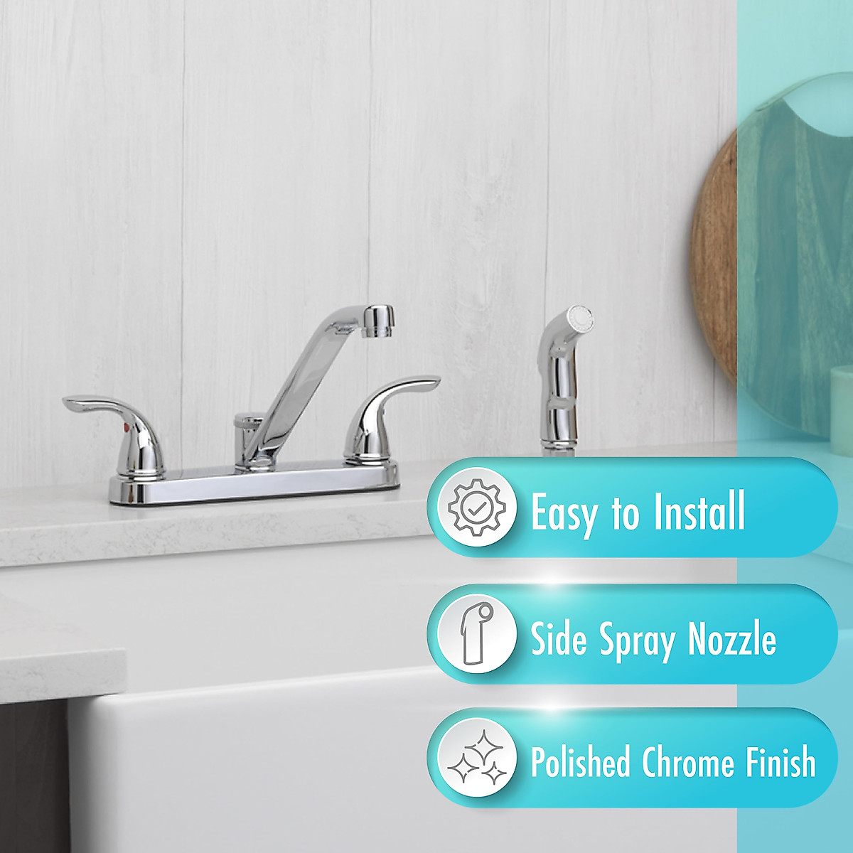 Aqua Vista 25-K82CS-CH-AV Kitchen Sink Faucet with Side Spray, Polished Chrome Two Handle