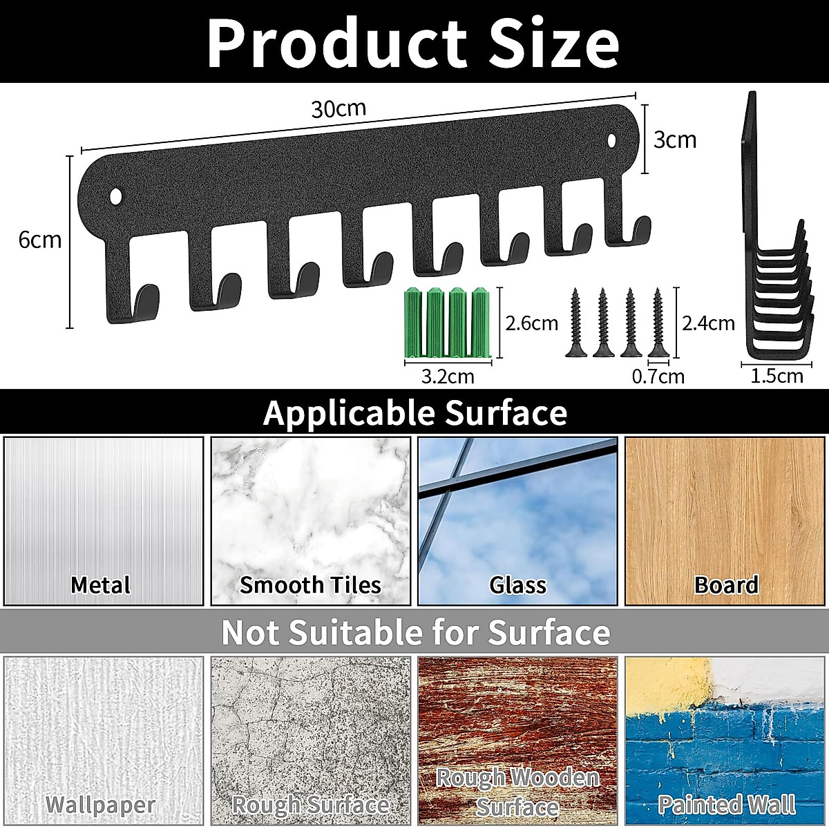 Suzurana 2 Pack Wall Mount Key Holder, Key Hanger Wall Mount with 8 Hooks, Adhesive Key Holder for Wall, Decorative Black Key Holder for Wall No Drill for Living Room, Kitchen, Bathroom