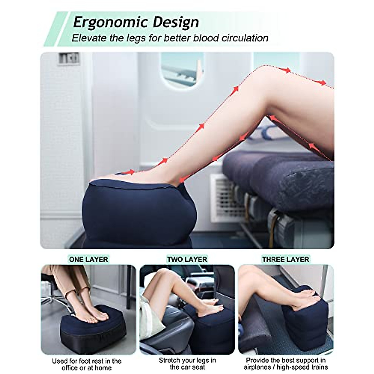 JefDiee Inflatable Travel Foot Rest Pillow, Kids Airplane Bed, Adjustable 3 Layers Height Leg Rest Pillow, Adults Travel Essentials Great for Airplane, Office, Home, Trains, Cars (Blue)