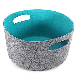 Welaxy Large Storage Basket Felt Open Storage Bins Desk Organize bin Shelf Box with Handles for Magazines Books Junk Kids Toys Pet Toy Clothes Laundry Organizing Round(Turquoise)