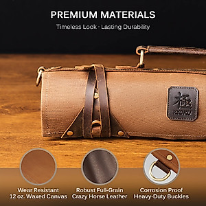 KYOKU Chef Knife Roll Bag, Kitchen Knife and Utensil Holder with 10 Slots 3 Cutlery Holders for Chef Knife Set, Oiled Leather and Waxed Canvas Knife Roll Up Travel Bag with Adjustable Strap, Black