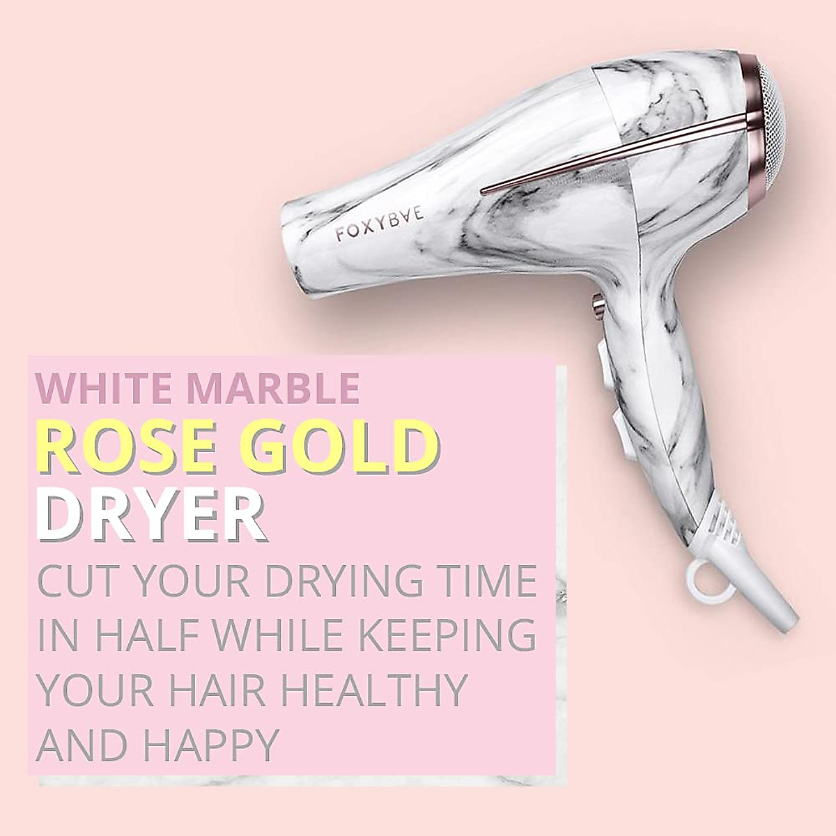 Foxybae Professional Hair Dryer | Powerful Ceramic Tourmaline Blow Dryer | Salon-Grade Hairdryer Motor | Hair Styling Tools for Straight & Curly Hair, 2 Heat Settings | White Marble Rose Gold