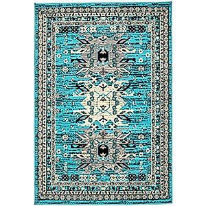 Unique Loom Taftan Collection Border Geometric Tribal Inspired Design Area Rug, 4 ft x 6 ft, Turquoise/Gray