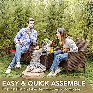 Devoko Patio Porch Furniture Sets 3 Pieces PE Rattan Wicker Chairs with Table Outdoor Garden Furniture Sets (Brown/Red)