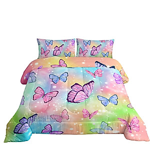 Datura home Bedding Comforter Set Rainbow Watercolor Butterfly Printed Pattern Quilt with 1 and 2 Pillowcases for Girls Bedroom All Season(Butterfly Full) Full 80x90inches