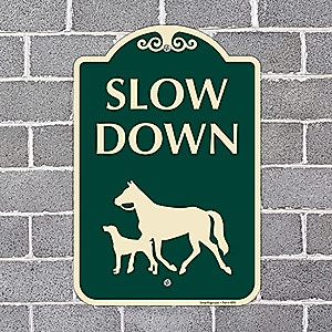 SmartSign Designer "Slow Down" Animal Crossing Sign with Horse & Dog Symbol, 12" x 18", 120 mil Aluminum Composite (ACM) with Overcoat, Engineer Grade Reflective, Green, Made in USA