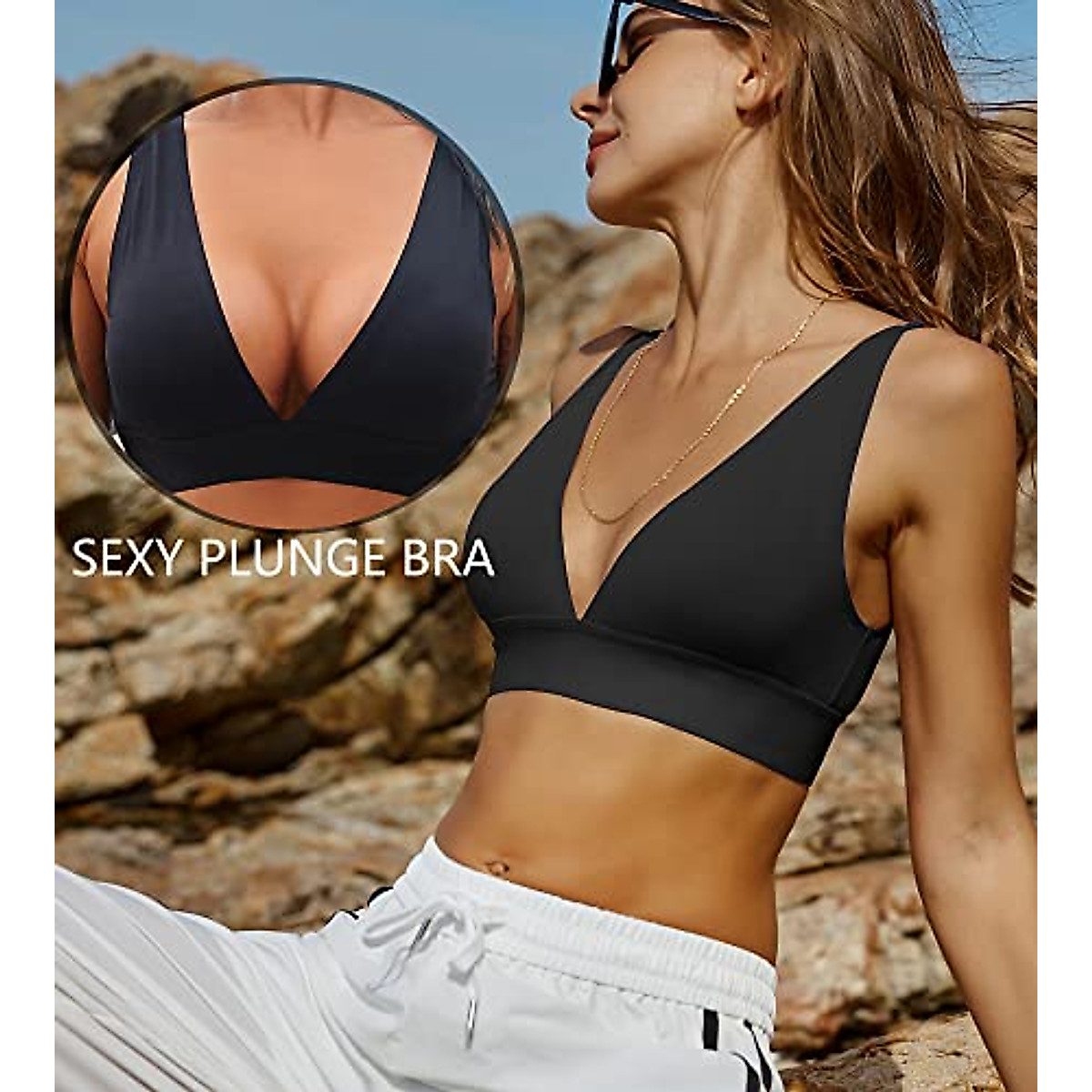 Women's Seamless Plunge Wireless Bra - Deep V-Neck, Unlined, Ultra Light and Soft Stretch Bralettes for Ladies by Knowyou - Black