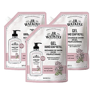 J.R. Watkins Gel Hand Soap Refill, Moisturizing Hand Wash, All Natural, Alcohol-Free, Cruelty-Free, USA Made, Rosewater, 34 Fl Oz, 3 Pack