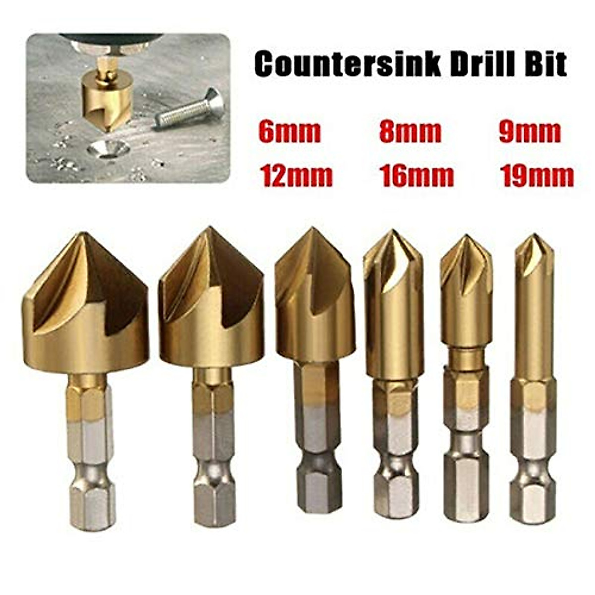 Y-imoi - Countersink Drill Bit Countersink Drill Bit Set 6 Pcs 1/4'' Hex Shank Titanium Plated HSS 5 Flute Countersink 90 Degree Center Punch Tool Chamfer Bit Sets for Wood Quick Change Bit 6mm-19mm