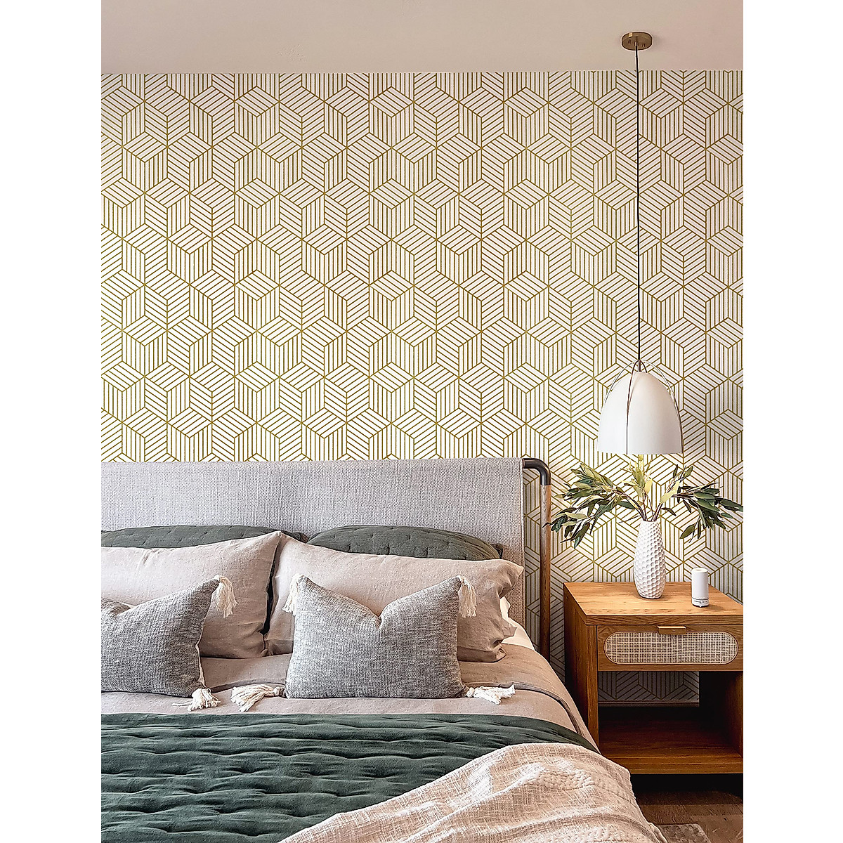 Geometric Wallpaper Peel and Stick Wallpaper Removable Self Adhesive Wall paper White/Gold Striped Hexagon Contact Paper for Cabinets Shelf Drawer Liner Renter Friendly Vinyl Roll 17.7"x118.1" Upgrade