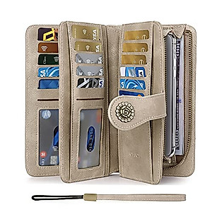 CLUCI Wallet for Women Leather Large Capacity Purse Wristlet Clutch RFID Blocking Credit Card Holder with ID Window Two-toned Gray