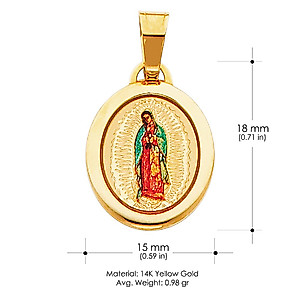 Ioka - 14K Yellow Gold Our Lady of Guadalupe Virgin Mary Enamel Picture Religious Pendant Tiny Size Charm For Necklace or Chain