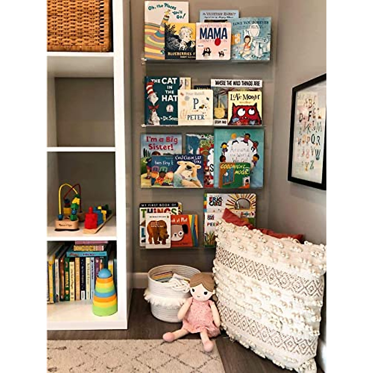 Acrylic Floating Wall Shelves 4 Pack Kids Bookshelf 24 Inch, Wall Mounted Invisible Ledge Shelf, Spice Rack, 4MM Thick Clear Bathroom Storage Shelves Display Organizer Toy Picture with 12 Screws