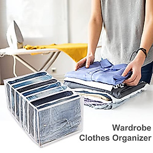 WXJ13 3 PCS Wardrobe Clothes Organizer Jeans Compartment Storage Box 7 Grids Folding Clothes Drawer Mesh Separation Organizer Washable Storage Containers Bedroom Closet for T-shirt Jeans, White
