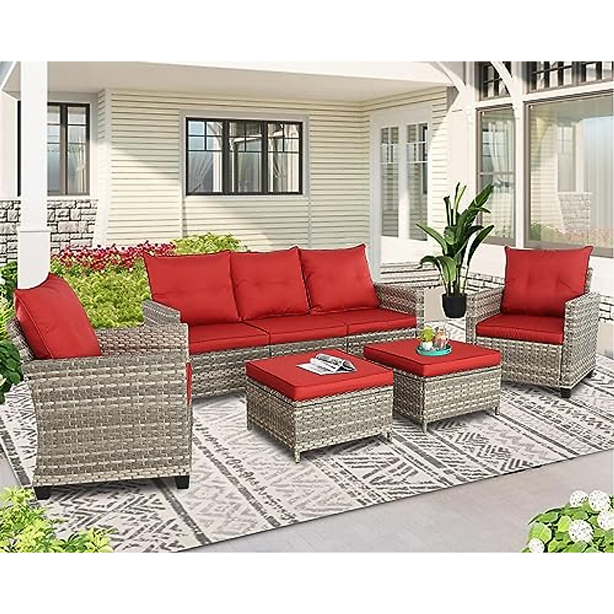 HTTH Patio Furniture Sets PE Rattan Wicker Outdoor Conversation Set Patio Sectional Sets Patio Sofa Couch Set with 2 Ottomans for Porch, Balcony, Lawn (Gray-Red)