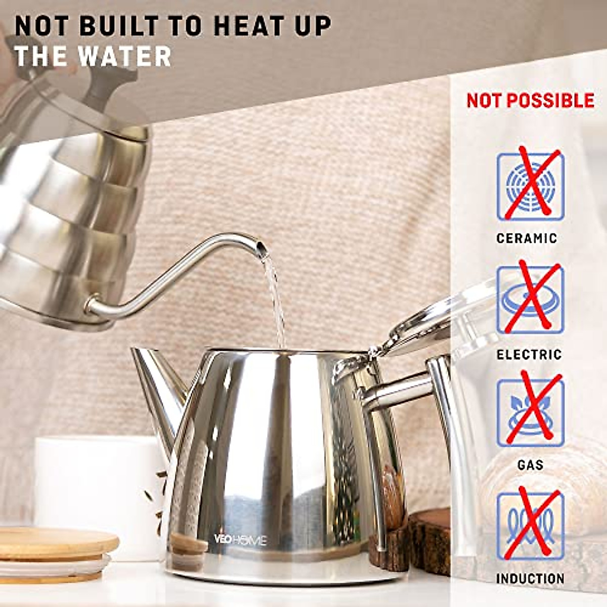 VeoHome Stainless Steel Tea Pot with Infuser - Keeps Heat Thanks to its Double Wall, Silver (1 Liter (34 oz))…