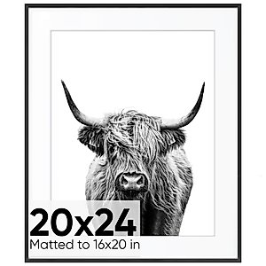 Homeforia 20x24 Black Frame Matted to 16x20 - Metal 20 x 24 Picture Frames For Wall - Aluminum 20 by 24 Poster Frame - Tempered Glass - Wall Hook Included - Set of 1