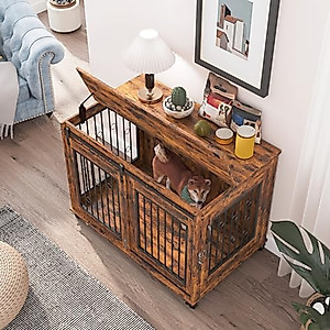 Rophefx Dog Crate Furniture with Sliding Door, Dog Kennel Indoor with Partition for Two Puppies, Dog Cage with Flip-up Top and Wheels, Chew-Resistant Wooden Double Dog Crate, Brown