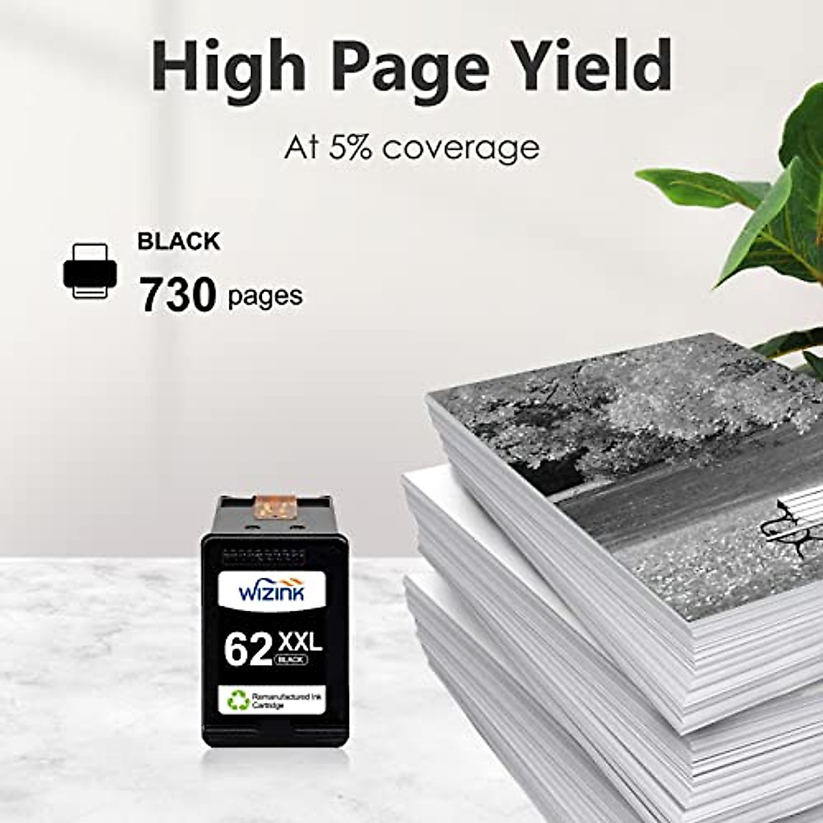 WIZINK 62 XXL Black Ink Cartridge for Remanufactured Printer Ink Cartridges 62xl 62 XXL Ink Cartridges for HP Envy 5540 5640 5660 7644 7645 OfficeJet 5740 8040 Printer (1 Black)