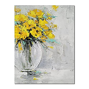 Yihui Arts Large Yellow Hand Painted Textured Sunflower Wall Art in Vase - Modern Abstract Design for Living Room Bedroom Decor