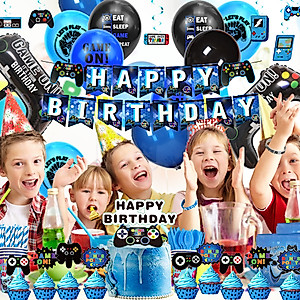 240Pcs Video Game Birthday Party Supplies, Video Game Birthday Party Decorations Include Banners, Cake & Cupcake Topper, Swirls, Backdrop, Tablewares, Balloons and Stickers (10 Guests)